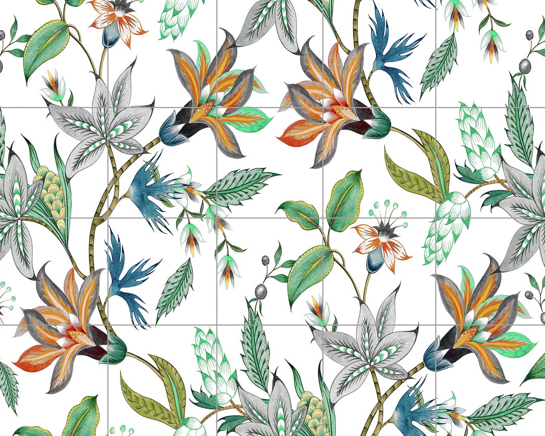 1803- Tropical Foliage Mural–satin Matte White 6" Tile Floral Mural ...