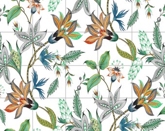 Vintage Botanical Floral Ceramic Tile Teal Ceramic Tile Kitchen ...