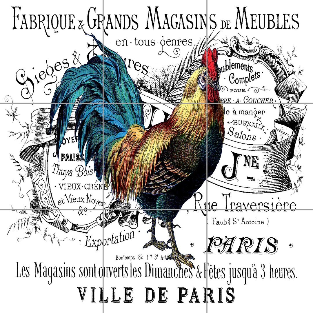 1904 -paris Rooster Mural - 12x12 18x18 24x24 - 6"x6" Size Tile - Satin ...
