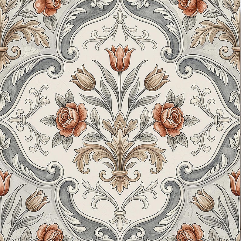 1898 - Floral Arabesque - 8x8 6x6 4.25x4.25 - Grey Terracotta Brown ...