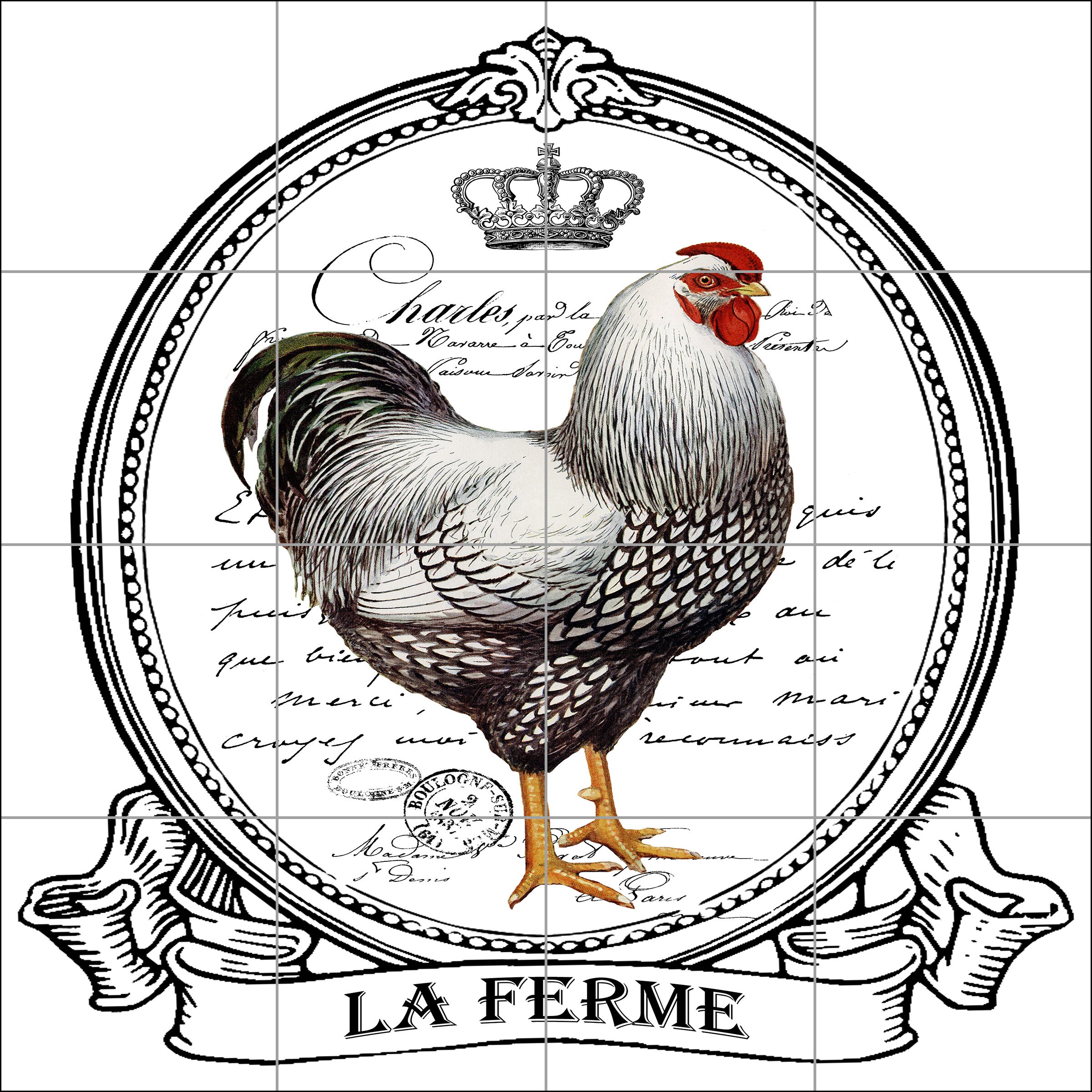 129 -the Farm Rooster Mural- Satin Matte White 6x6 -12x12 18x18 24x24 ...