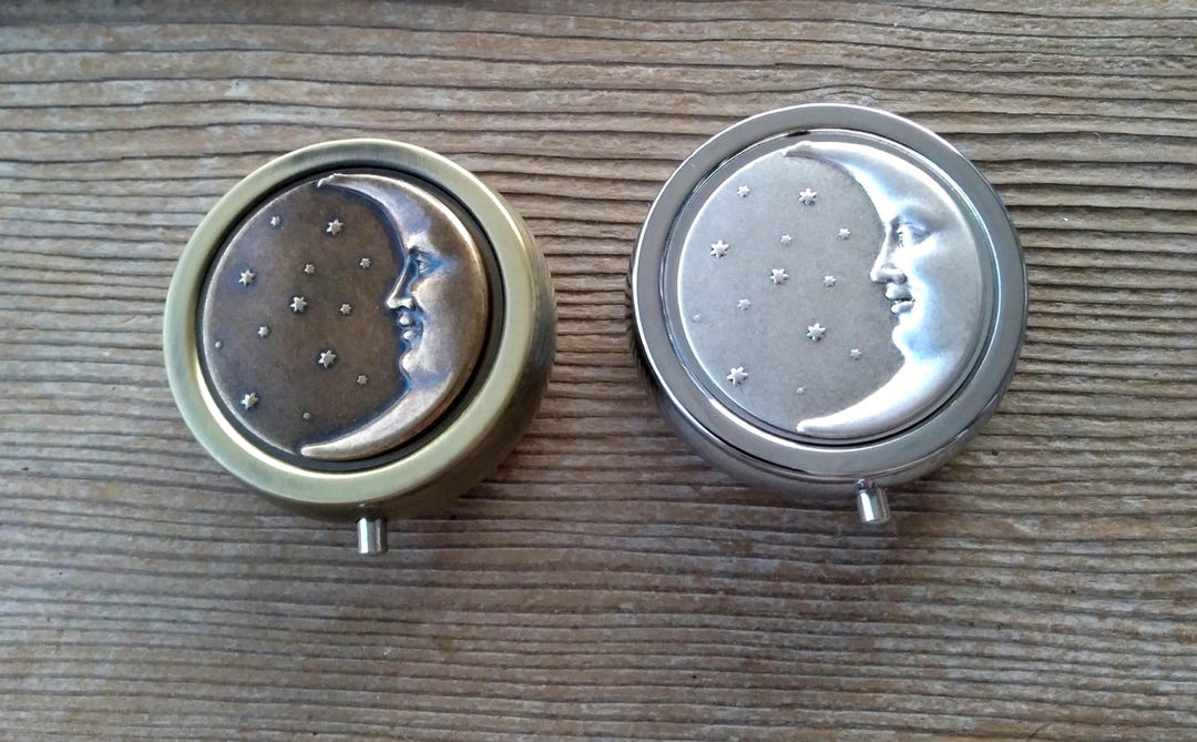 Silver or Bronze Celestial Pill Box - Moon and Stars Pill Case - Single ...