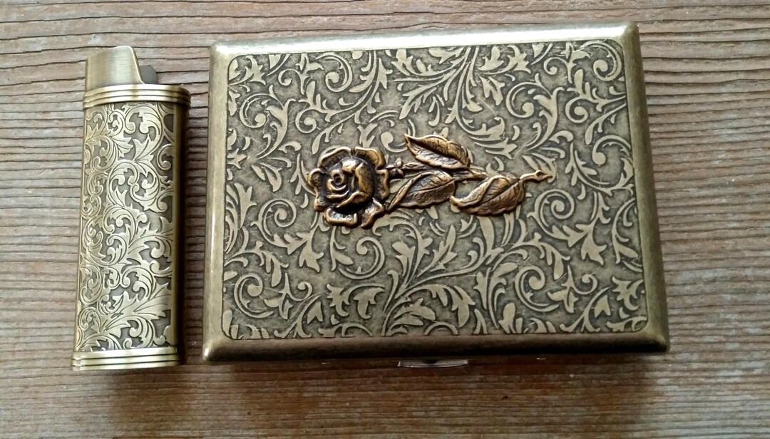 Ornate Antiqued Brass Victorian Floral Rose Cigarette or Card Case and ...