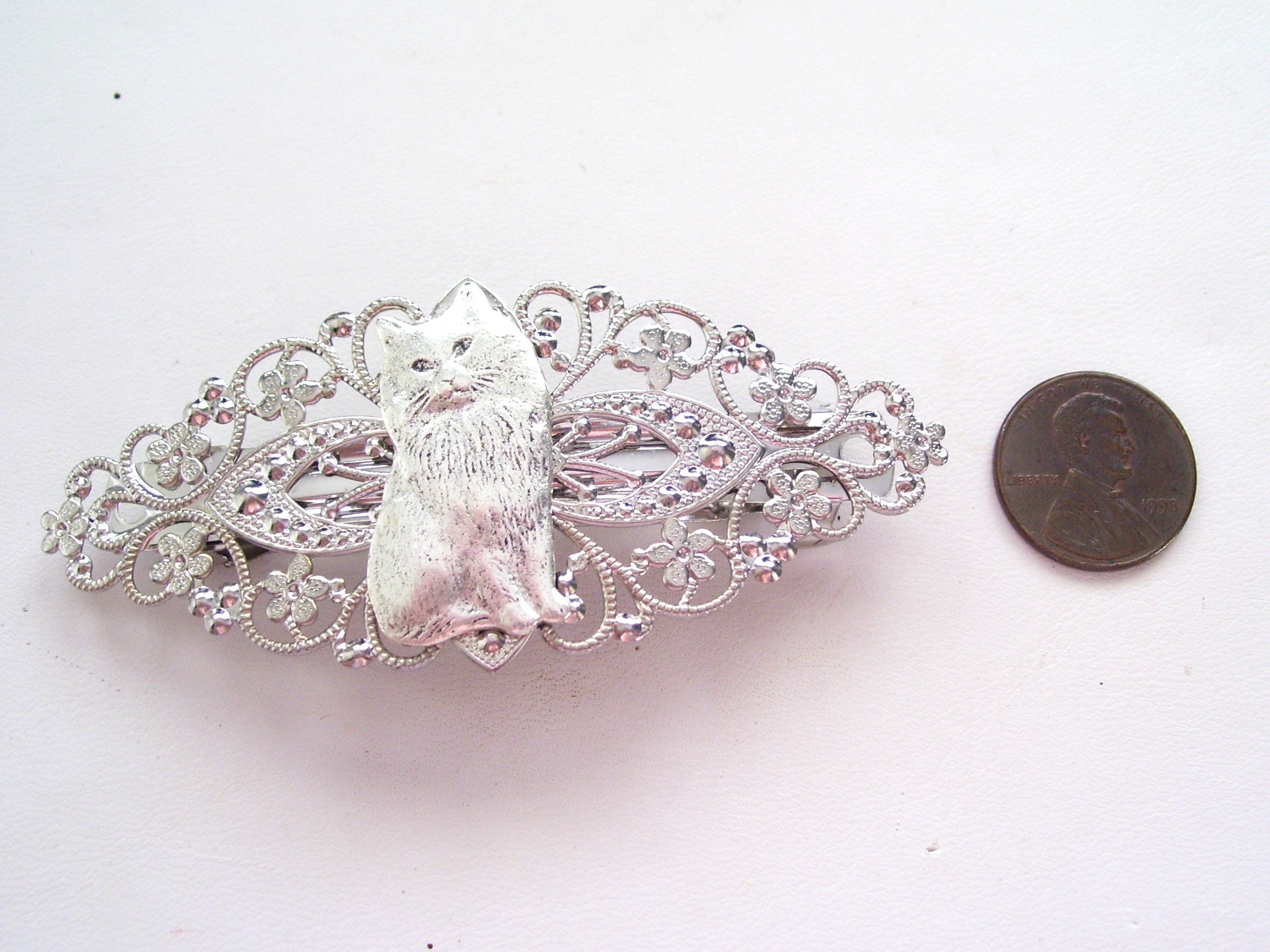 Silver Cat Barrette Victorian Cat Barrette Antiqued Silver - Etsy