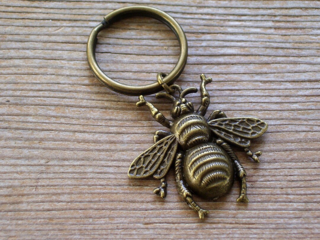 LAST ONE Huge Honeybee Keychain, Antiqued Brass Bee Key Chain Honeybee ...