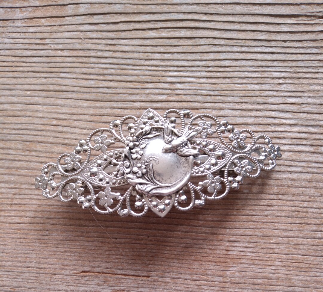 Silver Floral Bird Barrette, Silver Bird Barrette, Silver Floral ...