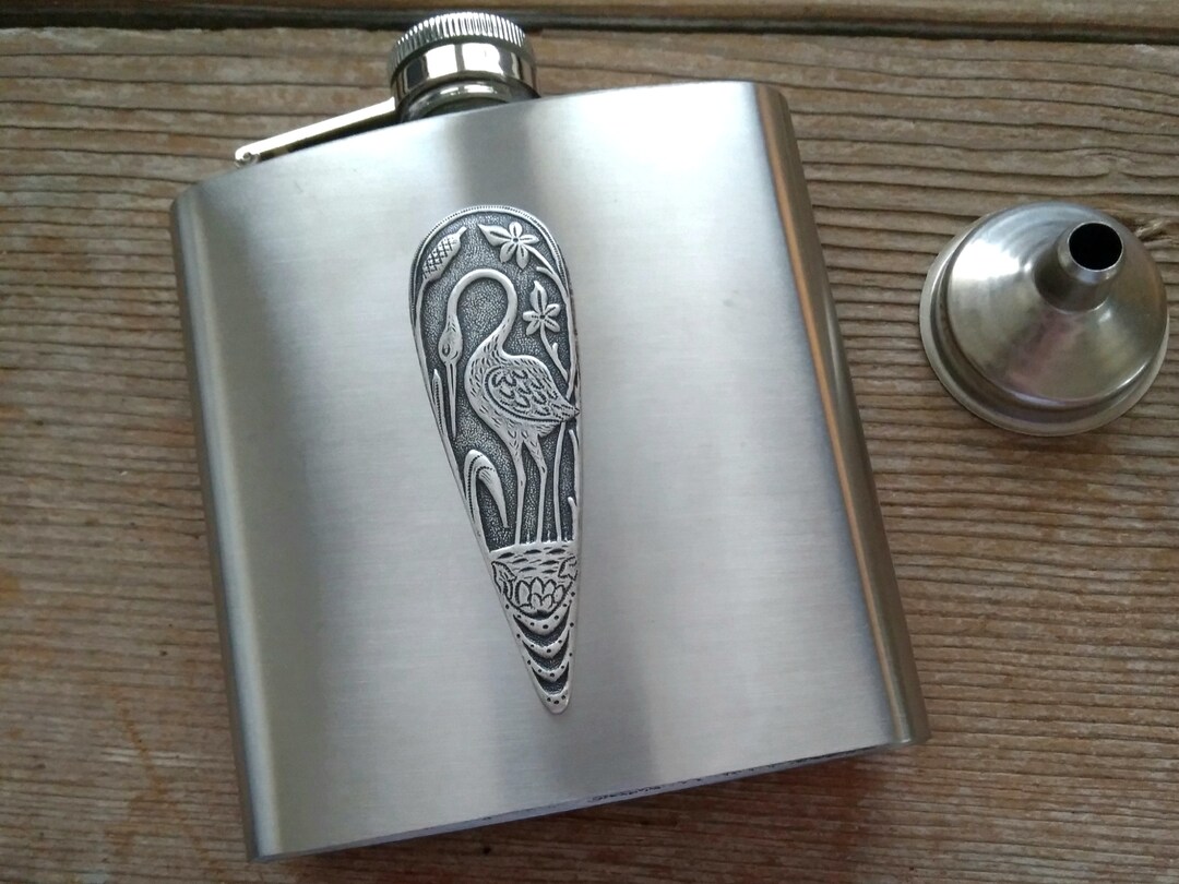 Crane Hip Flask, Art Deco Flask, Antiqued Silver Crane Flask, Stainless Steel Flask, 6 Oz Flask ...
