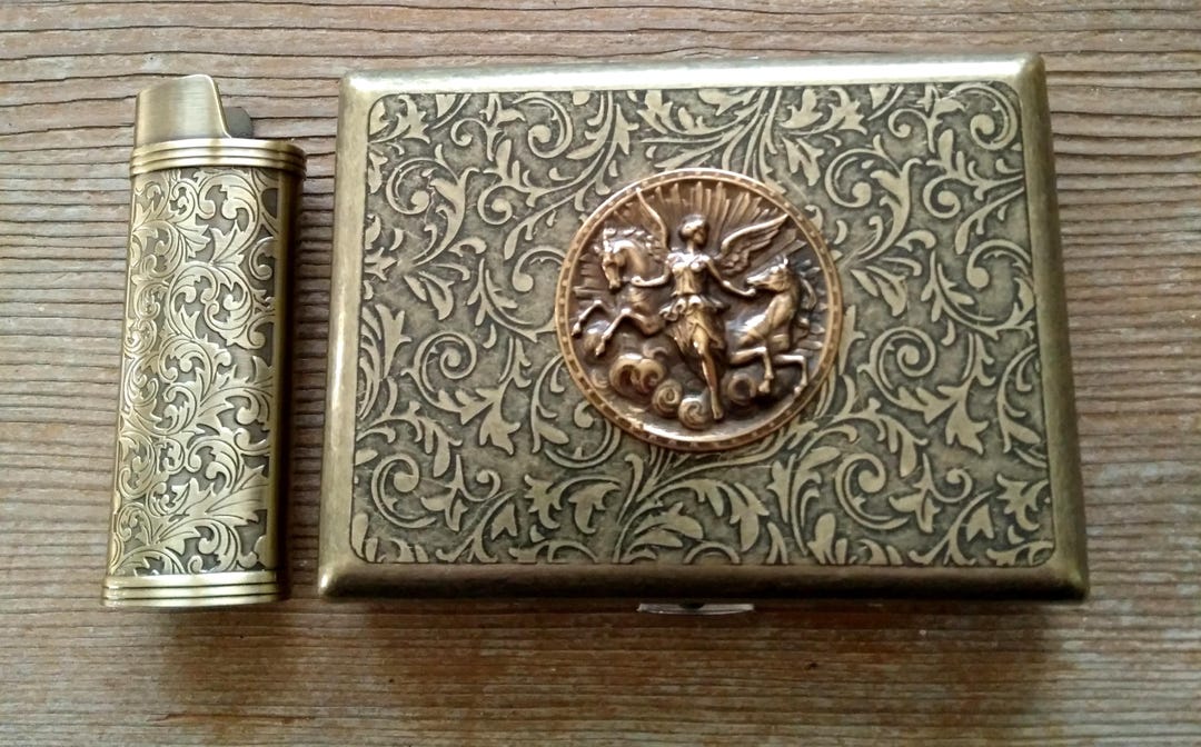 Ornate Antiqued Brass Cigarette Case, Winged Angel or Warrior Goddess ...