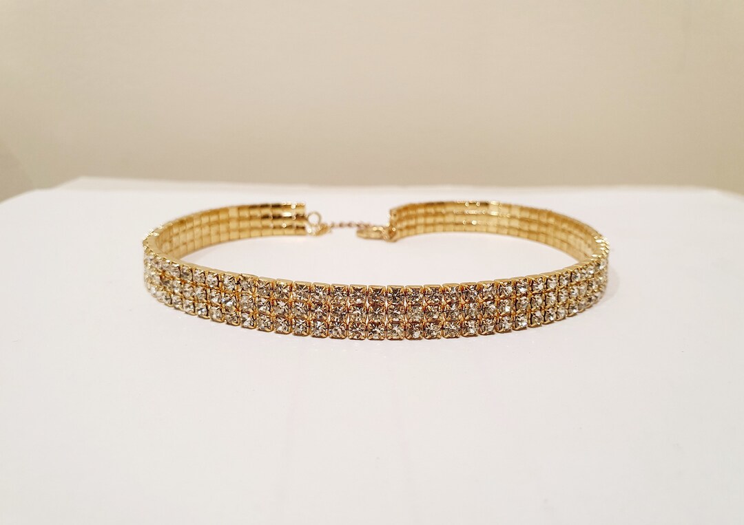 Elastic Choker Gold Colour With 3 Rows Shining Diamante Rhinestones - Etsy