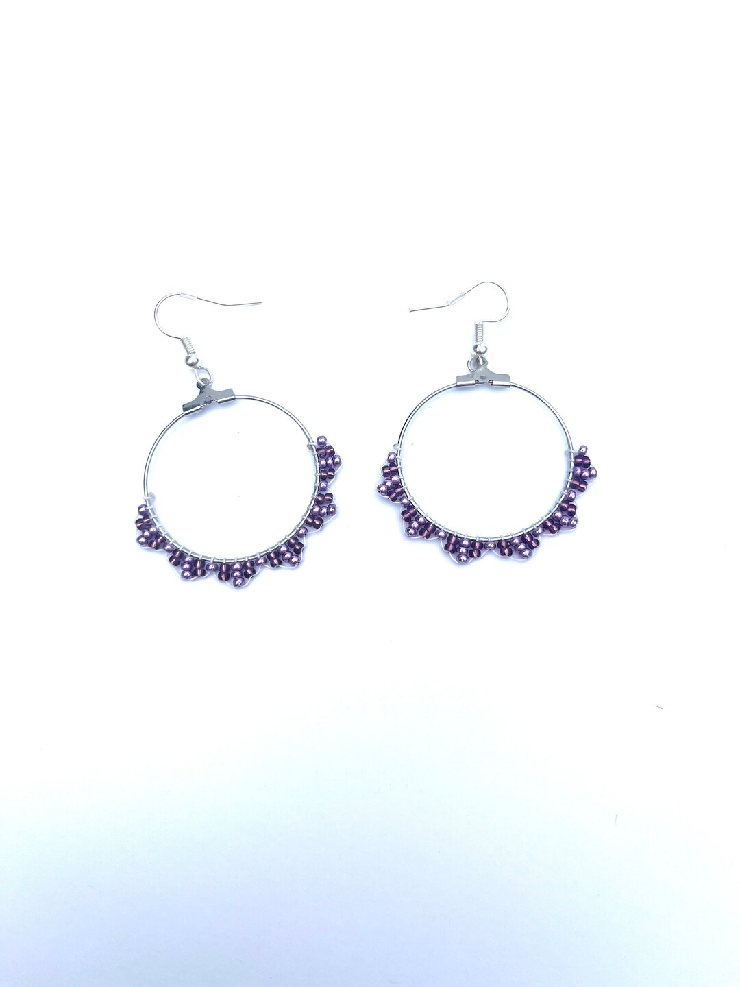 Purple Two Tone Ladder Stitch Beaded Dangle Hoop Earrings - Etsy