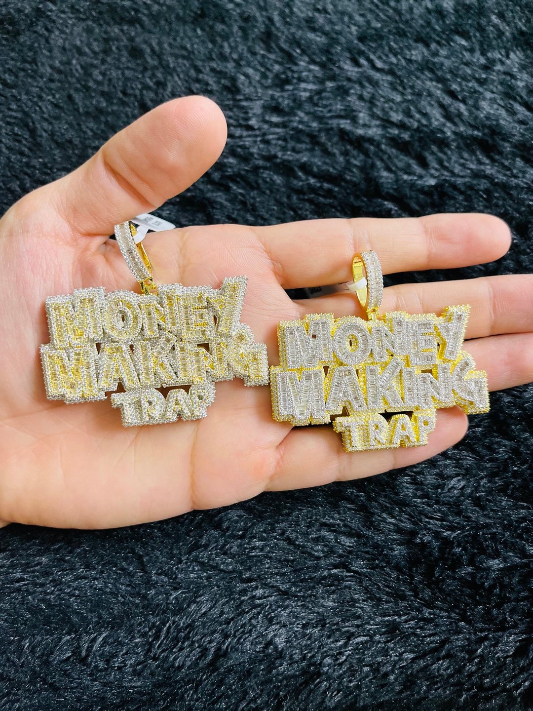14k Gold Finish Money Making Trap Simulated Diamond Hip Hop Pendant W ...