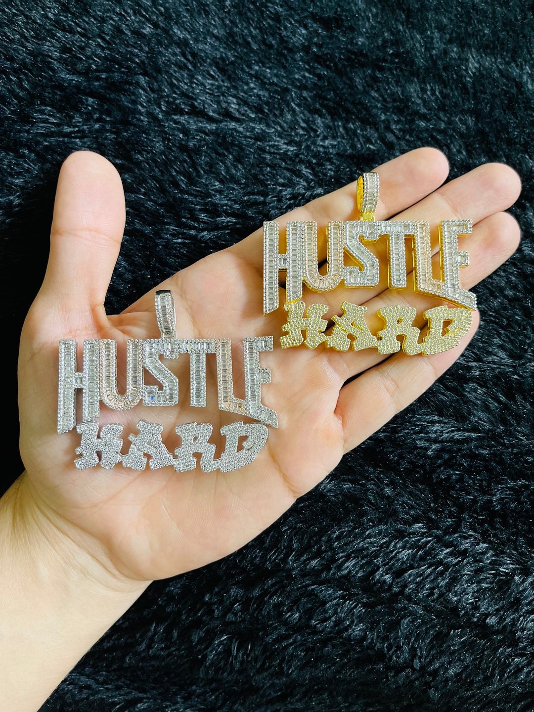 14k Gold Finish Hustle Hard Hip Hop Simulated Diamond Pendant W/ Chain ...