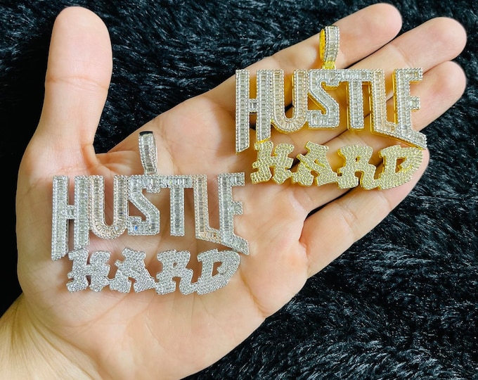 14k Gold Finish Hustle Hard Hip Hop Simulated Diamond Pendant W/ Chain ...
