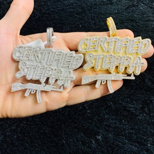 14k Gold Finish Certified Steppa Gun Hip Hop Simulated Diamond Pendant ...