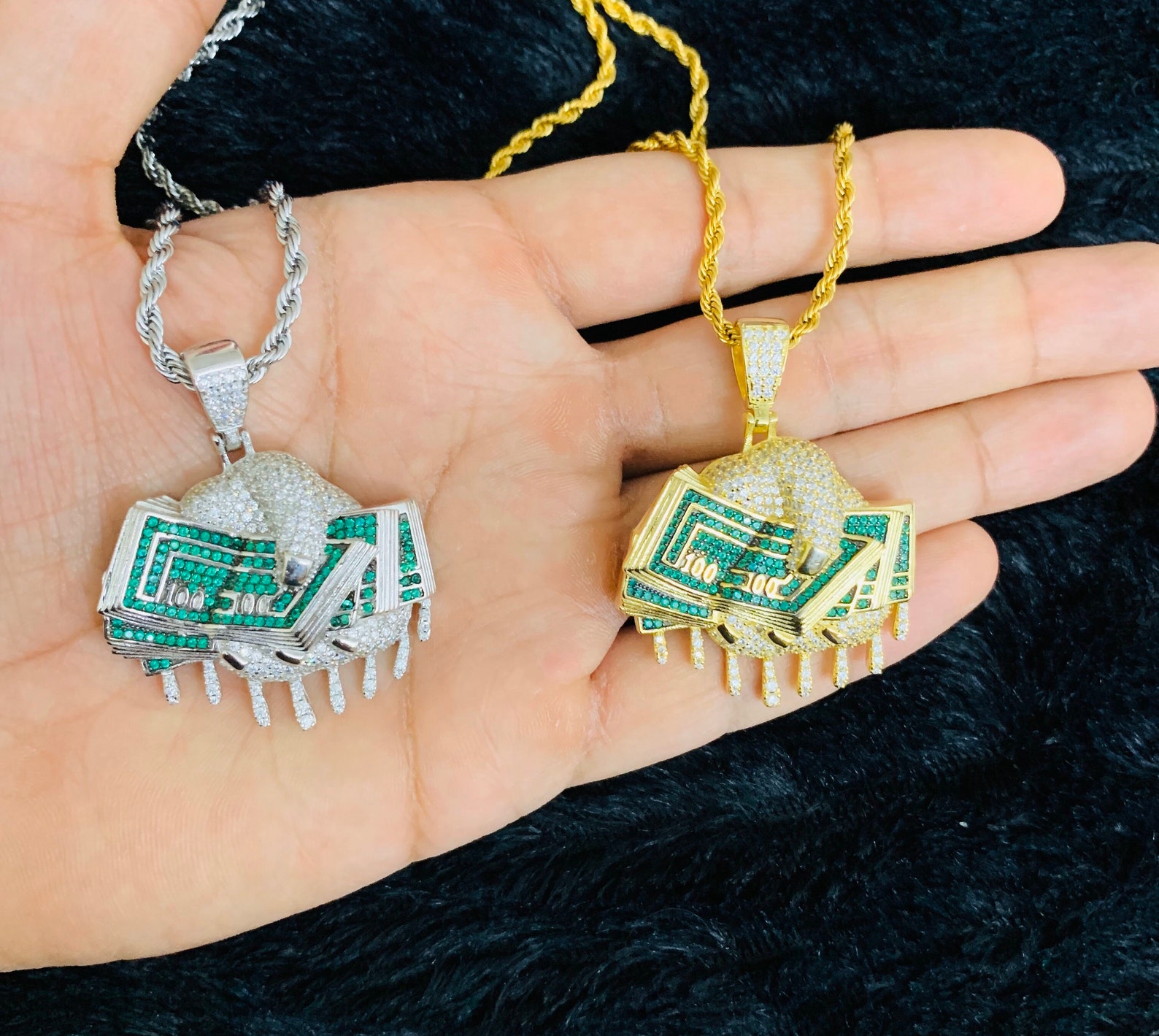 925 Sterling Silver Cash Money In Hand Dripping CZ Pendant w/ | Etsy