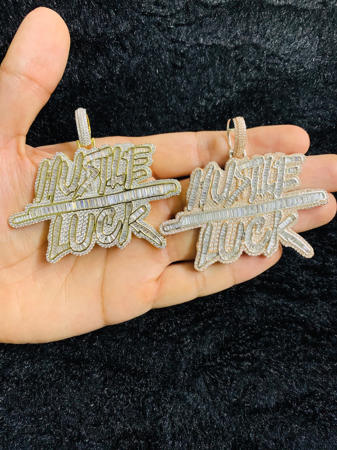 14k Gold Finish Hustle Luck Simulated Diamond Hip Hop Pendant W/ Rope ...
