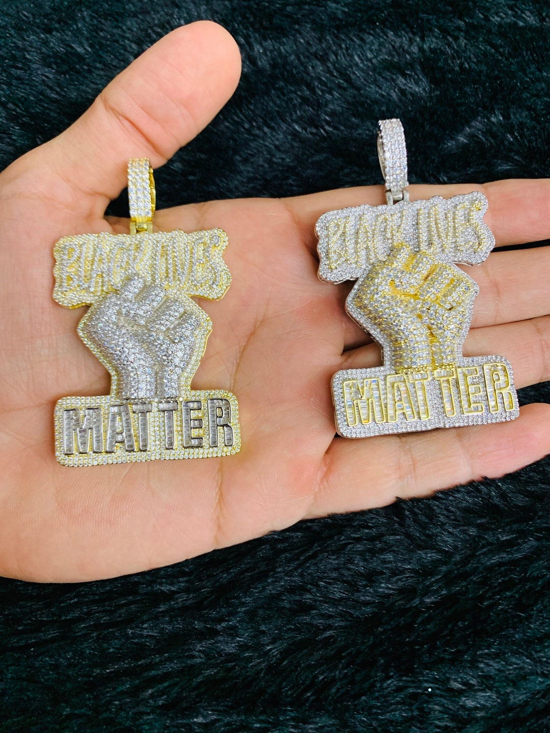 14k Gold Finish Fist Black Lives Matter Hip Hop Simulated Diamond ...