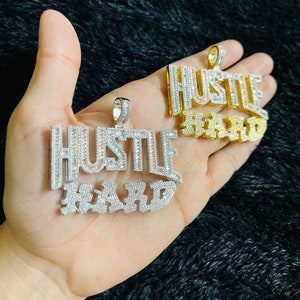14k Gold Finish Hustle Hard Hip Hop Simulated Diamond Pendant W/ Chain ...