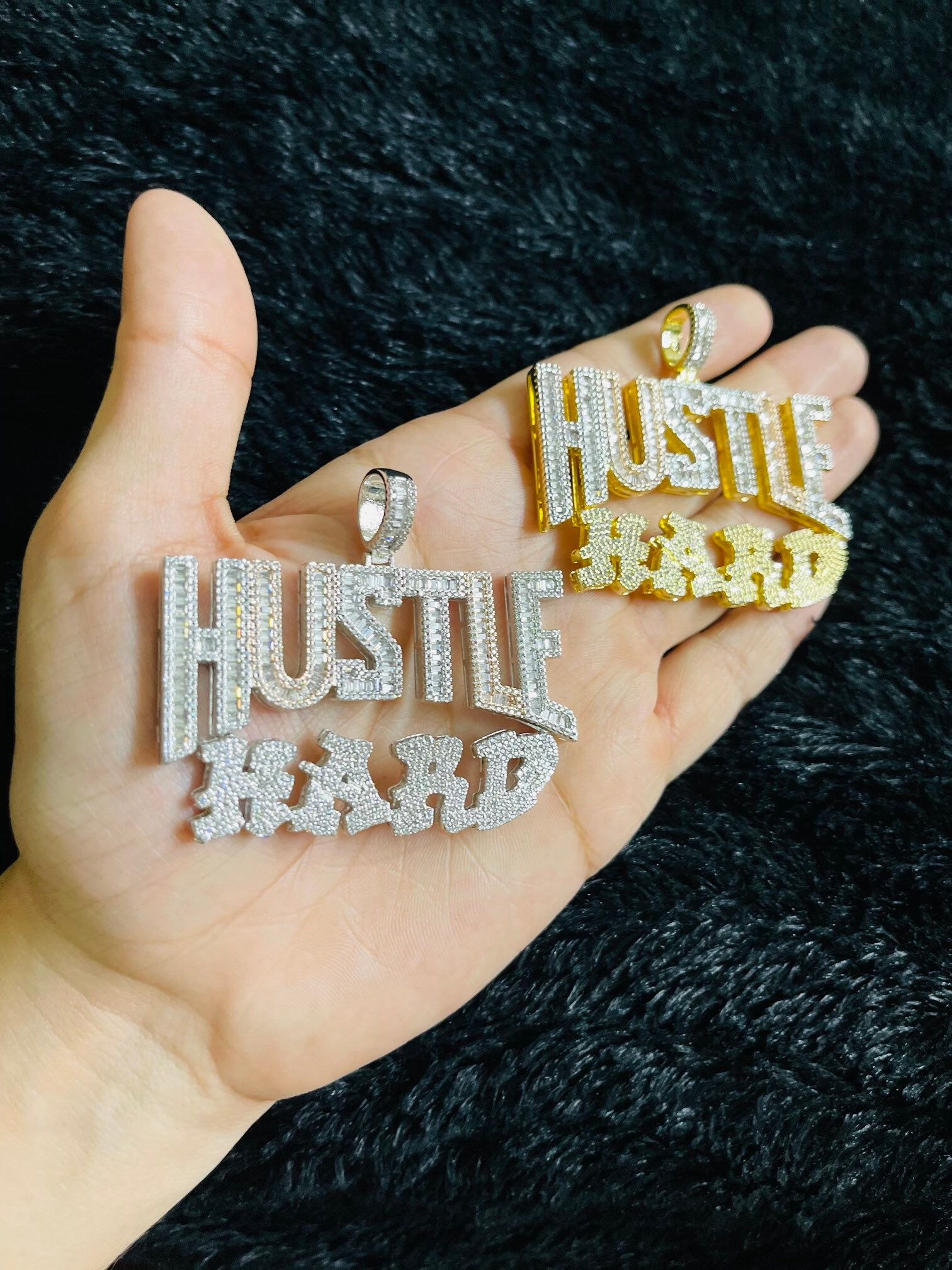 14k Gold Finish Hustle Hard Hip Hop Simulated Diamond Pendant W/ Chain ...