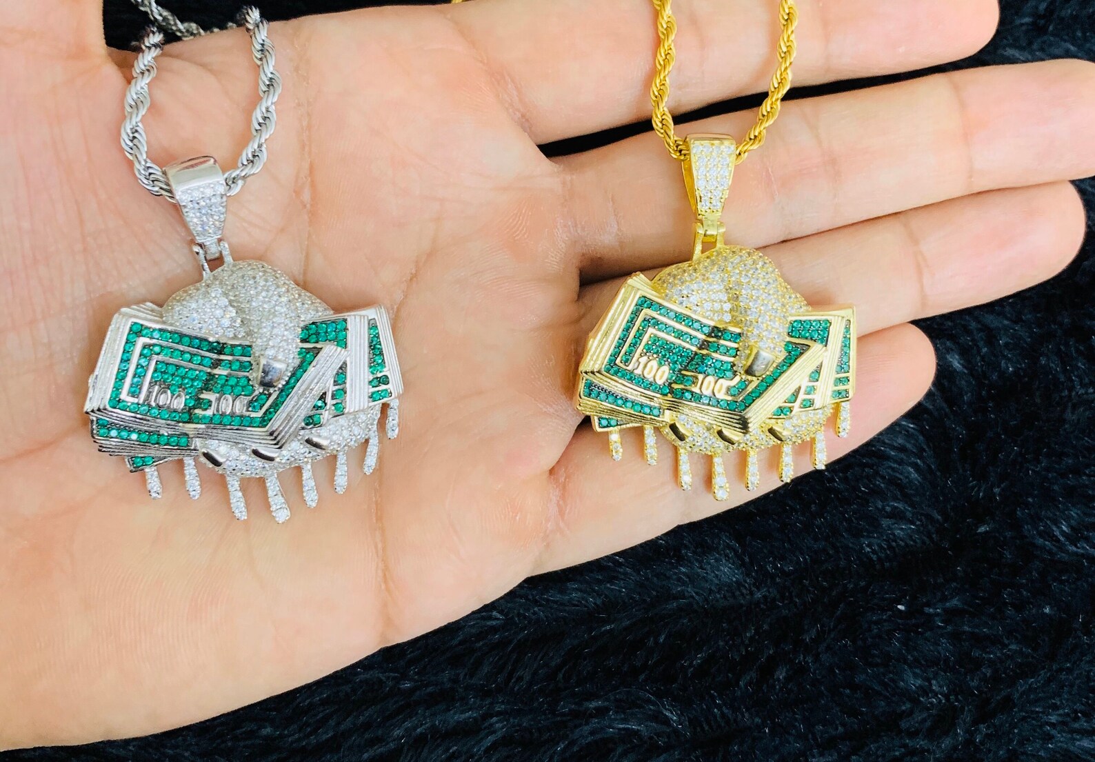 925 Sterling Silver Cash Money In Hand Dripping CZ Pendant w/ | Etsy