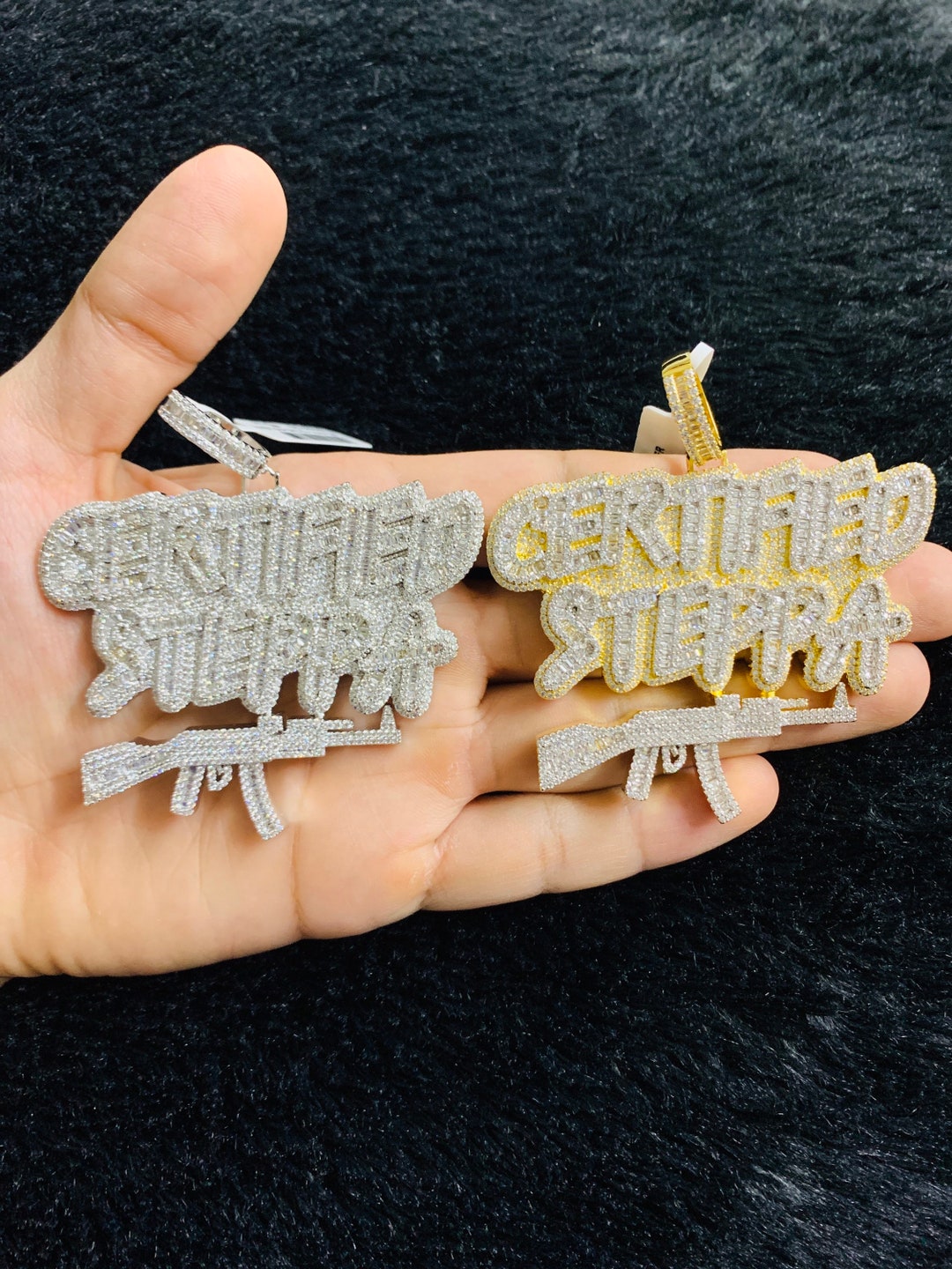 14k Gold Finish Certified Steppa Gun Hip Hop Simulated Diamond Pendant ...