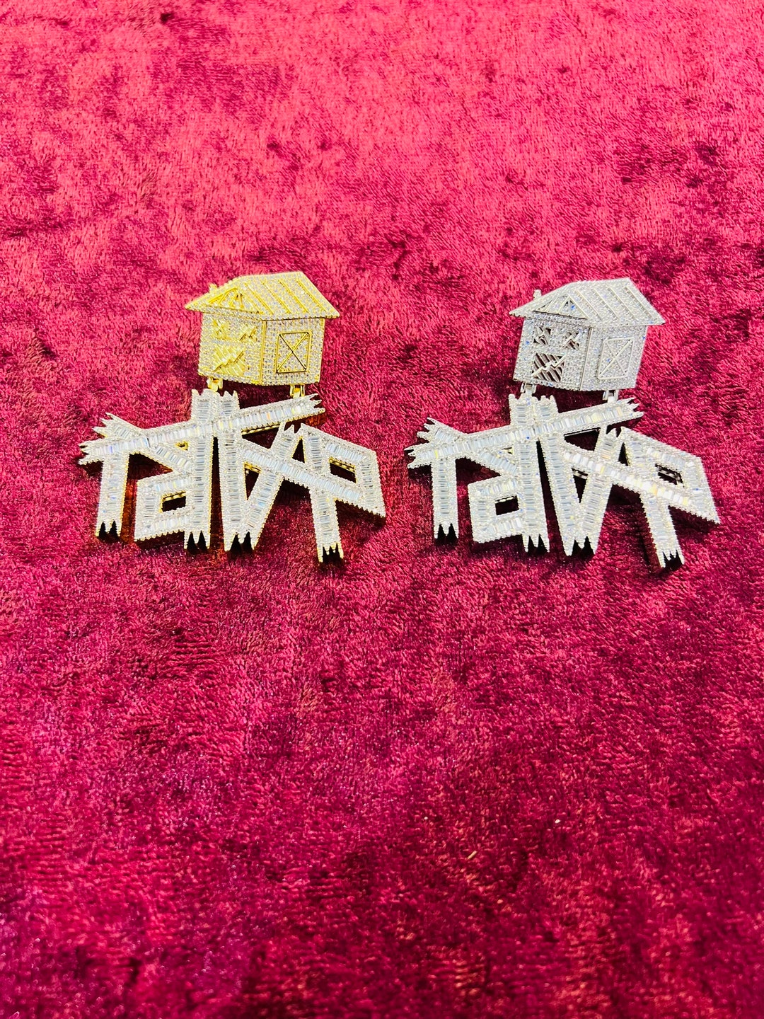 14k Gold Finish Trap House Hip Hop Simulated Diamond Pendant W/ Rope ...