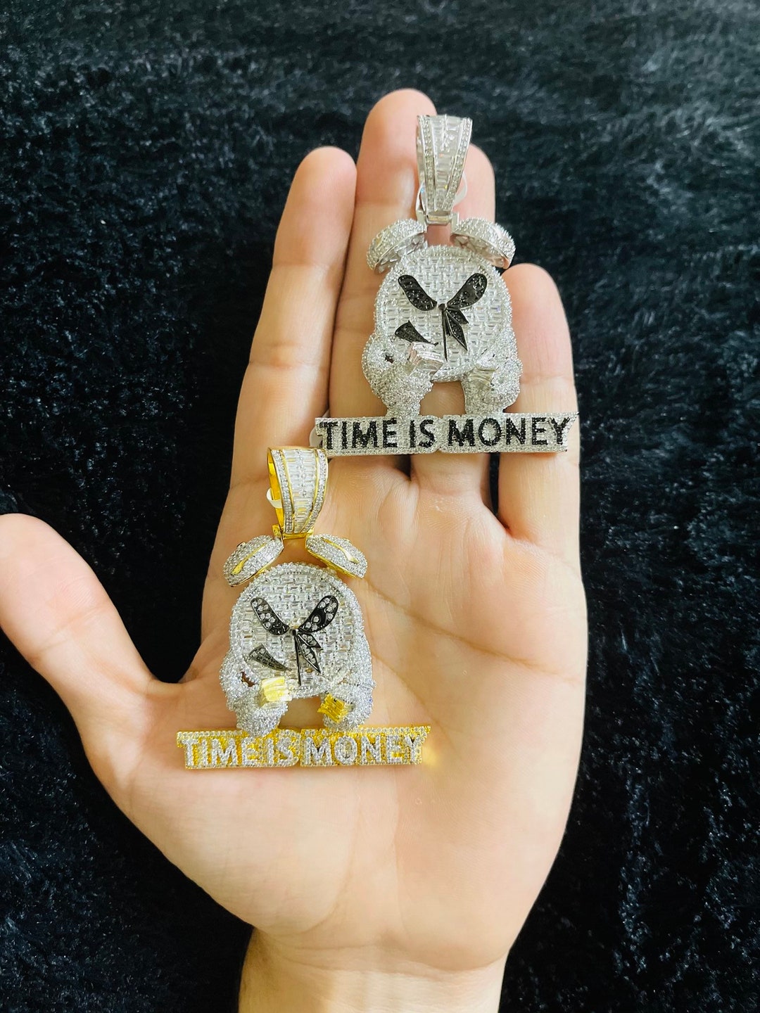 14k Gold Finish Time is Money Hip Hop Simulated Diamond Pendant W/rope ...