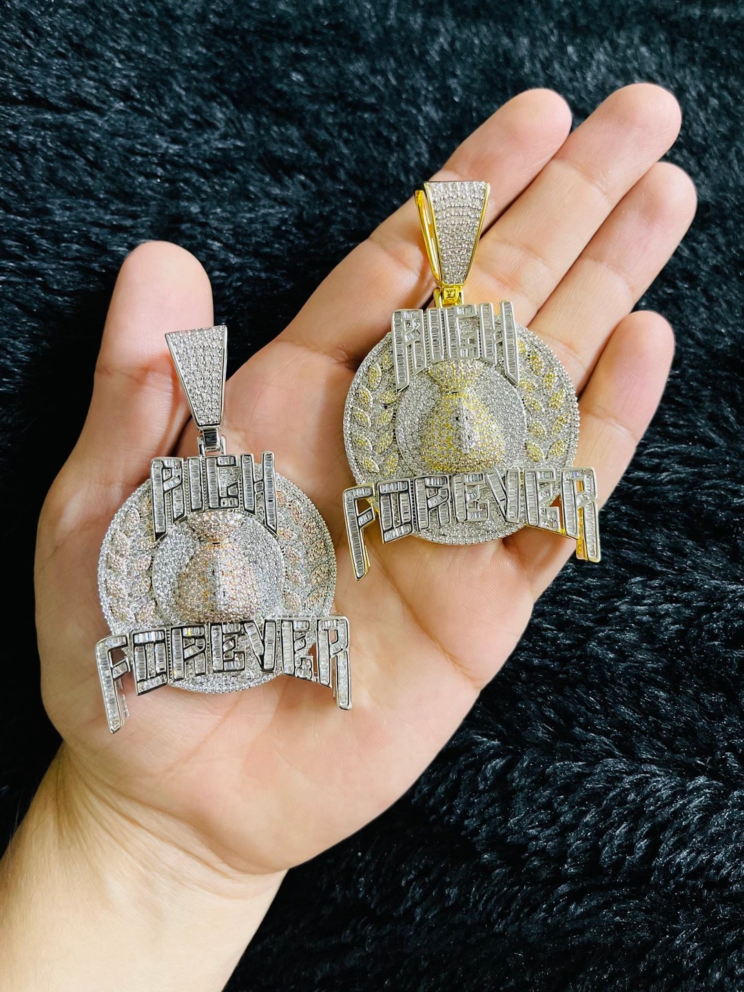 14k Gold Finish Rich Money Bag Forever Hip Hop Simulated Diamond ...