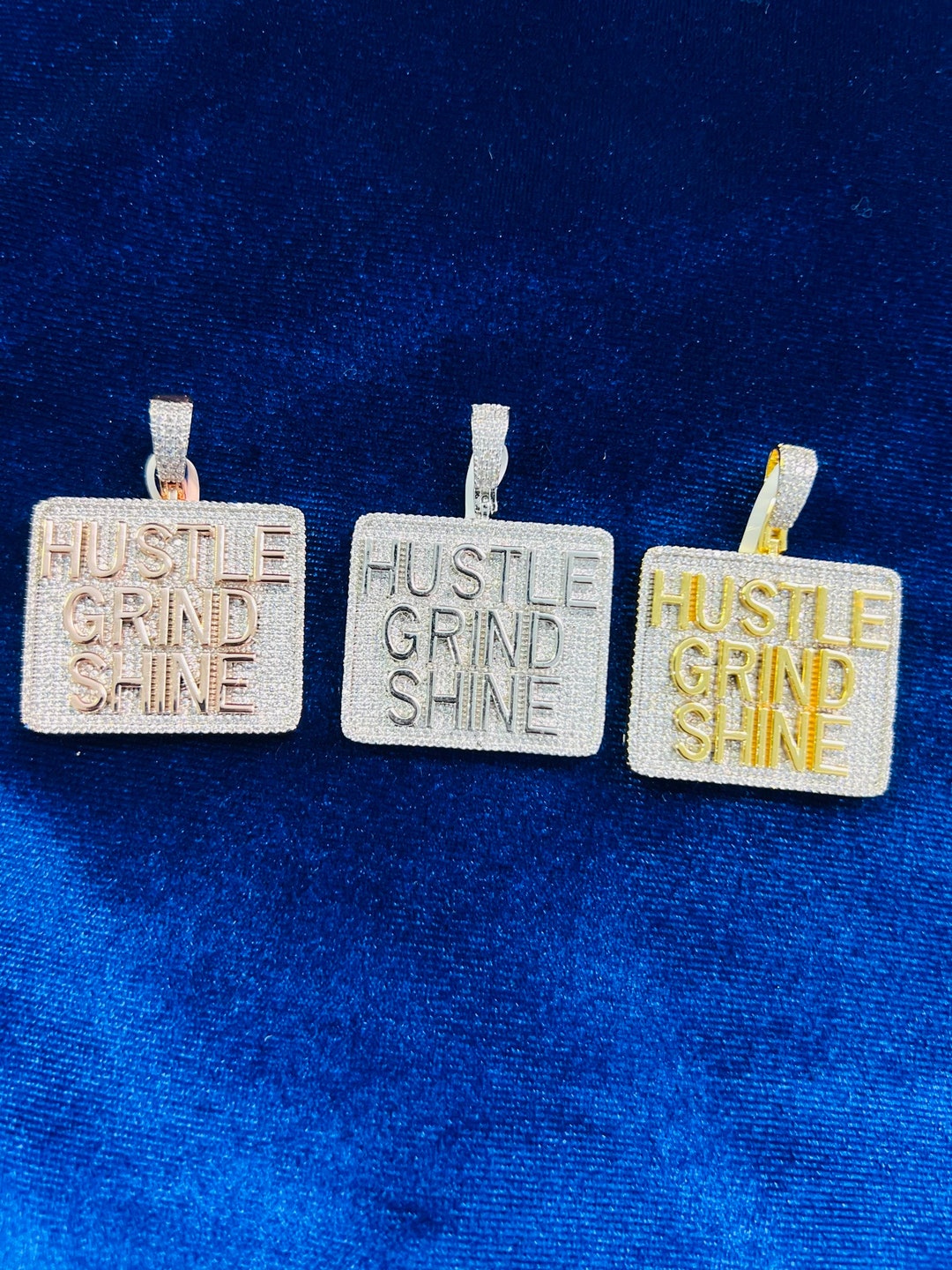 14k Gold Finish Hustle Grind Shine Hip Hop Simulated Diamond Pendant W ...