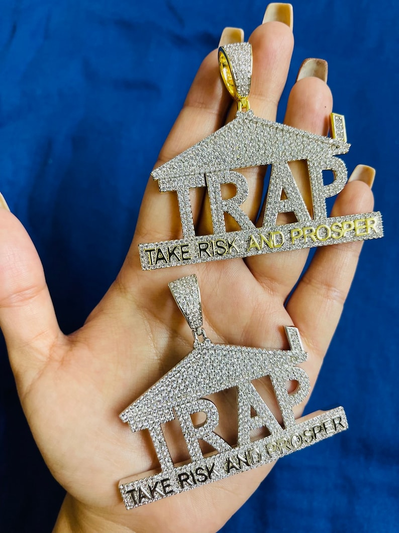 14k Gold Finish Trap House Hip Hop Simulated Diamond Pendant W/ Rope ...