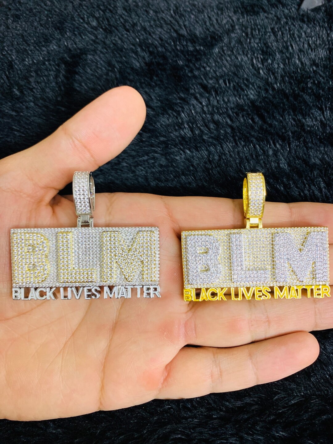 14k Gold Finish BLM Black Lives Matter Hip Hop Simulated Diamond ...