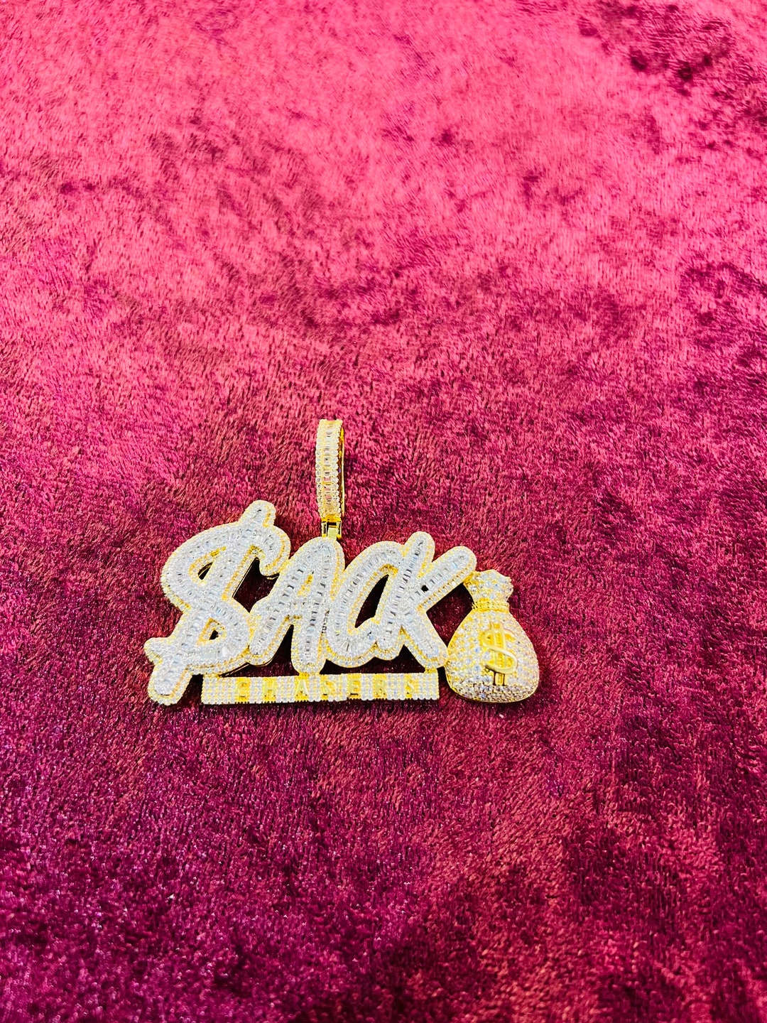 14KT Gold Finish Sack Chasers Hip Hop Simulated Diamond Pendant Charm W ...