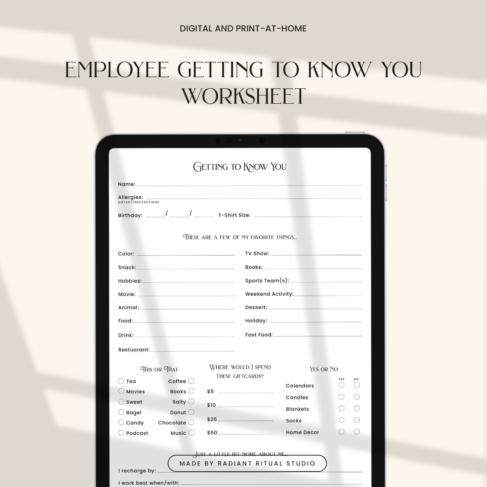 Employee Get to Know You Worksheet: Printable Survey (fillable PDF) - Etsy