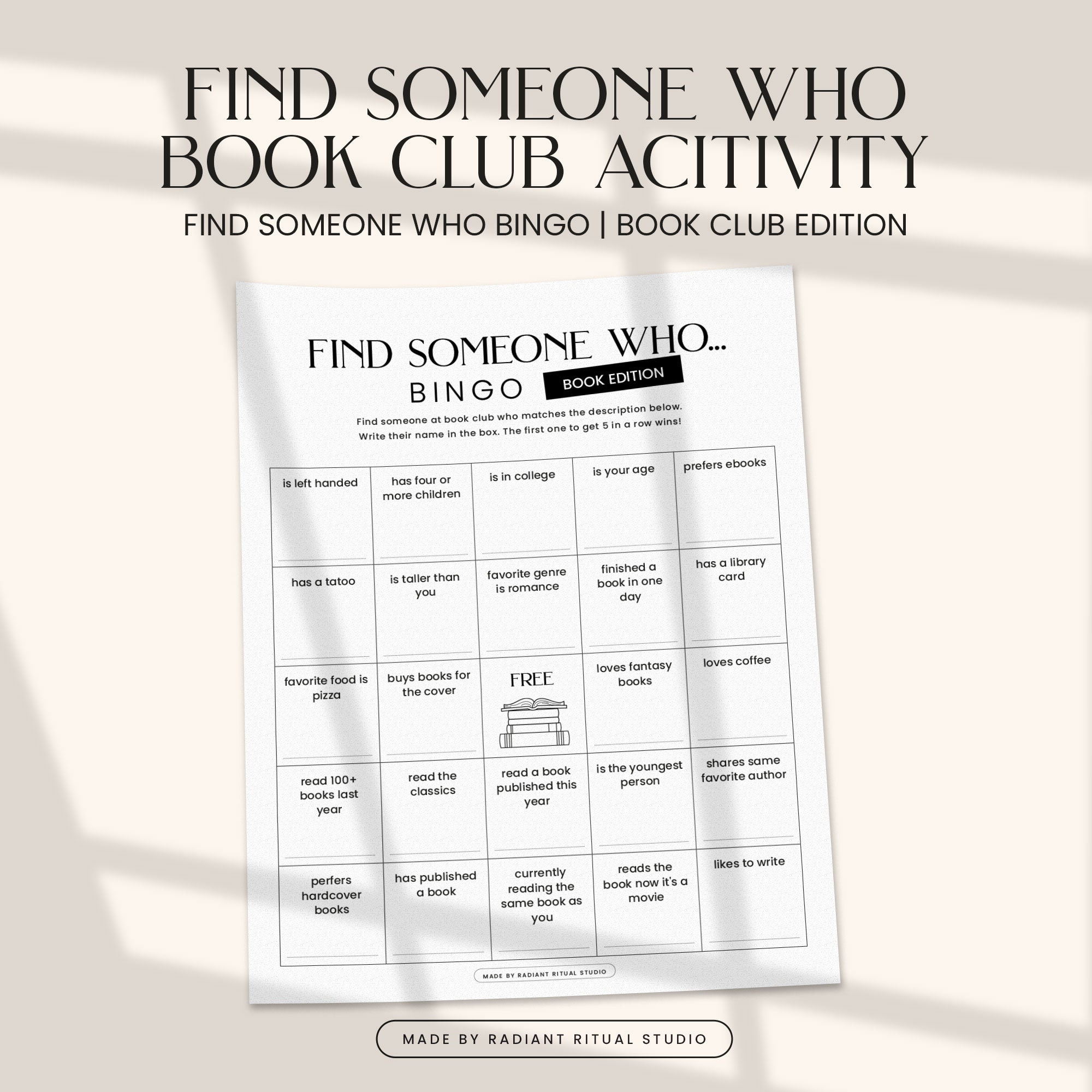 Book Club Bingo Game: Icebreaker Party Activity (digital Download) - Etsy