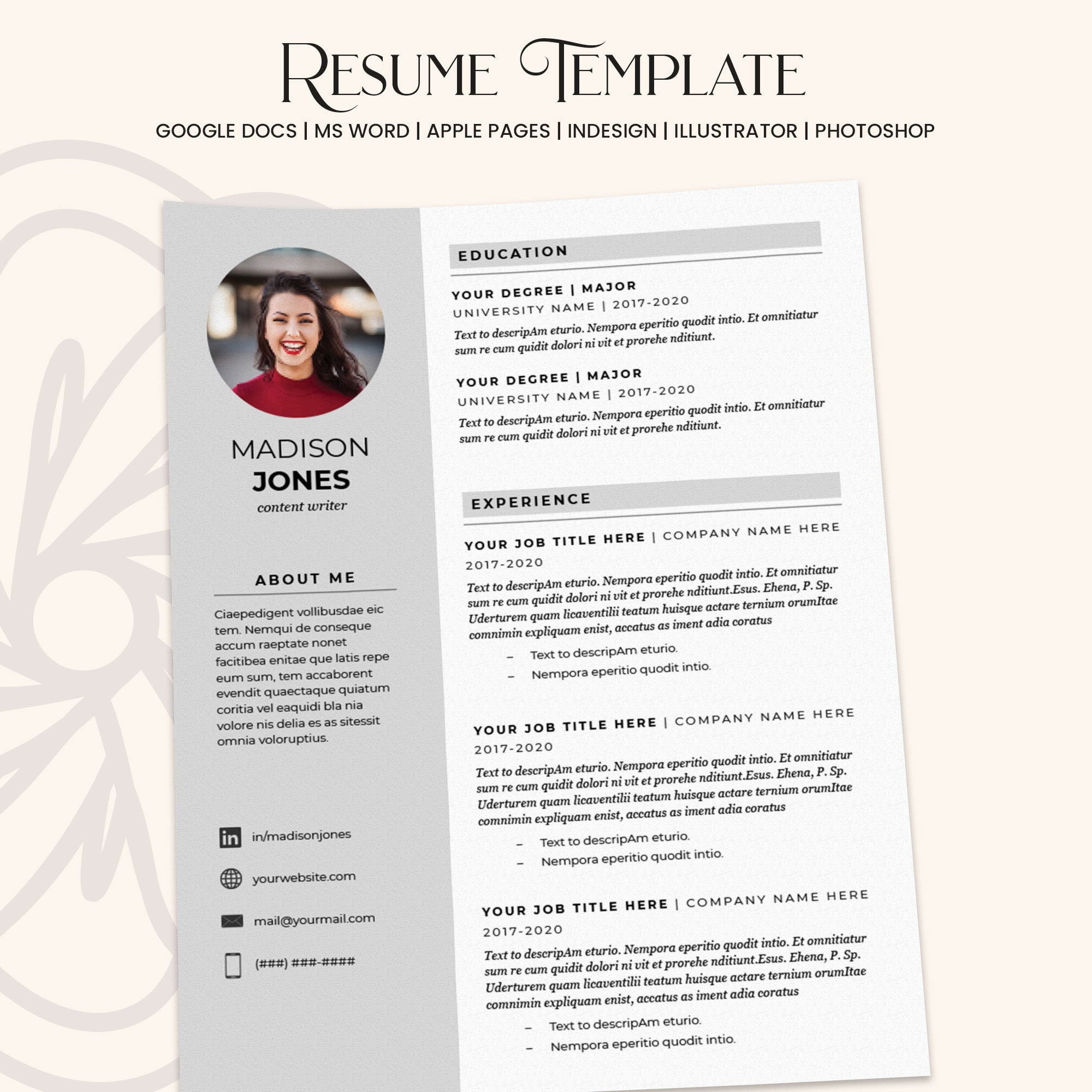 Minimalist Resume Template: Simple Grey Design (google Docs, MS Word ...