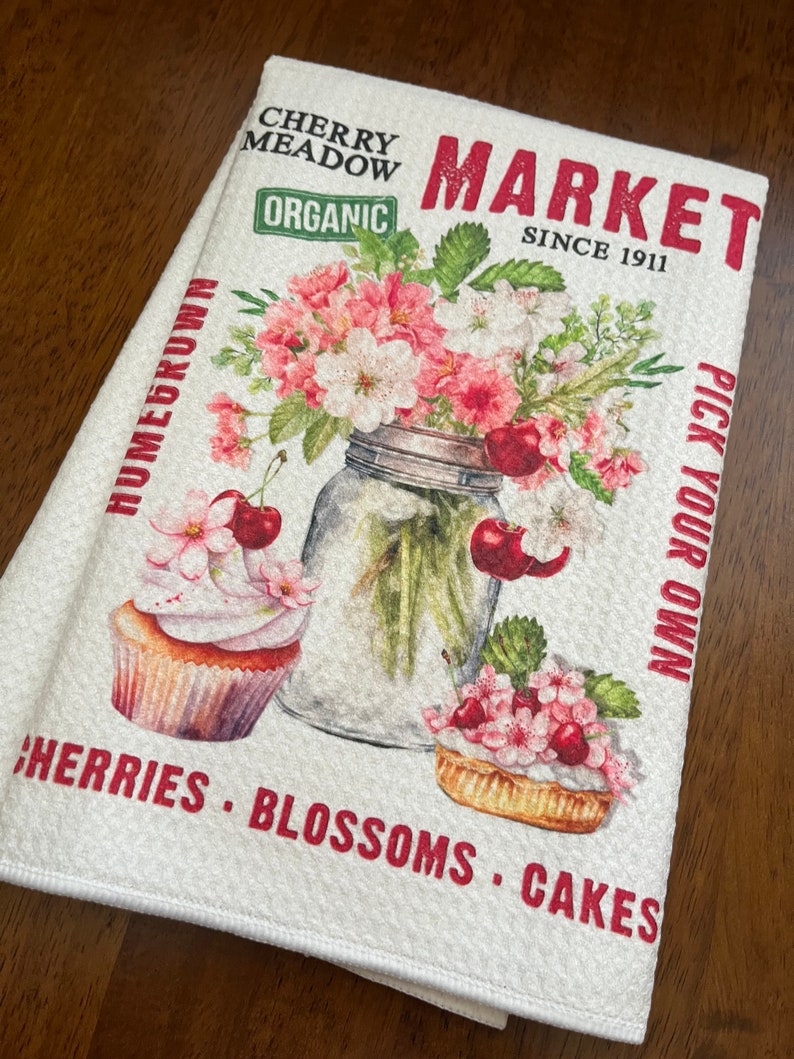 Cherry Meadow Market White Decorative Printed Waffle Kitchen Cherry ...