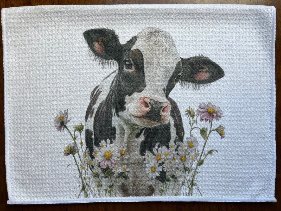 Daisy Holstein Cow White Decorative Printed Waffle Kitchen/bath/hand ...