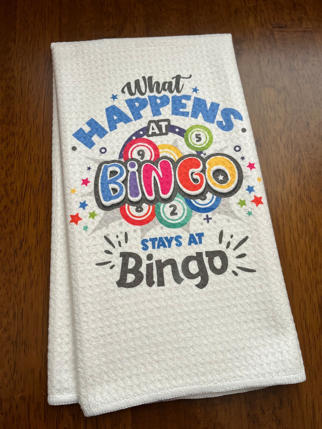 What Happens at Bingo White Decorative Printed Waffle Kitchen Tea Towel ...