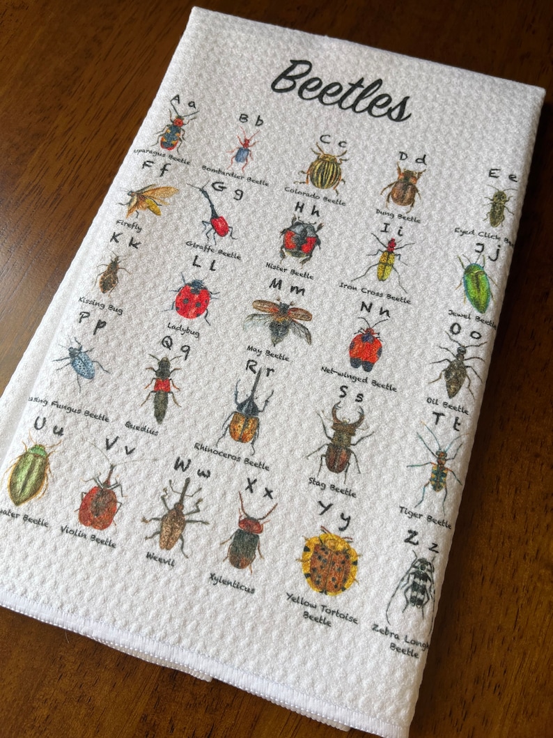 Beetles Alphabet White Decorative Waffle Tea Hand Multiuse Towel Design ...