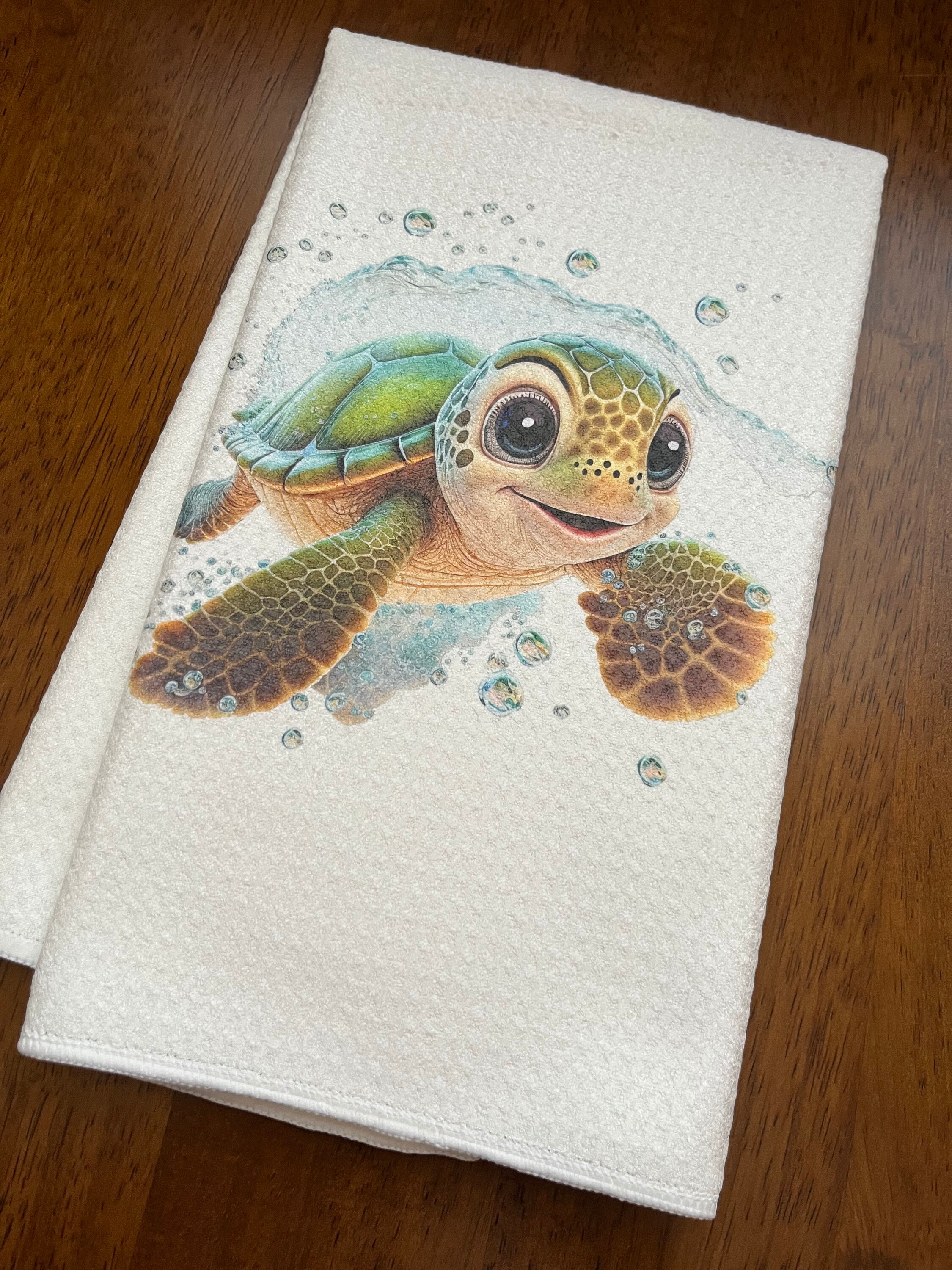 Bubbles Baby Sea Turtle White Decorative Waffle Kitchen Bath Tea Towel ...