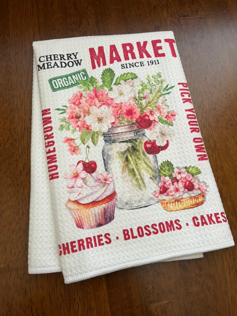 Cherry Meadow Market White Decorative Printed Waffle Kitchen Cherry ...