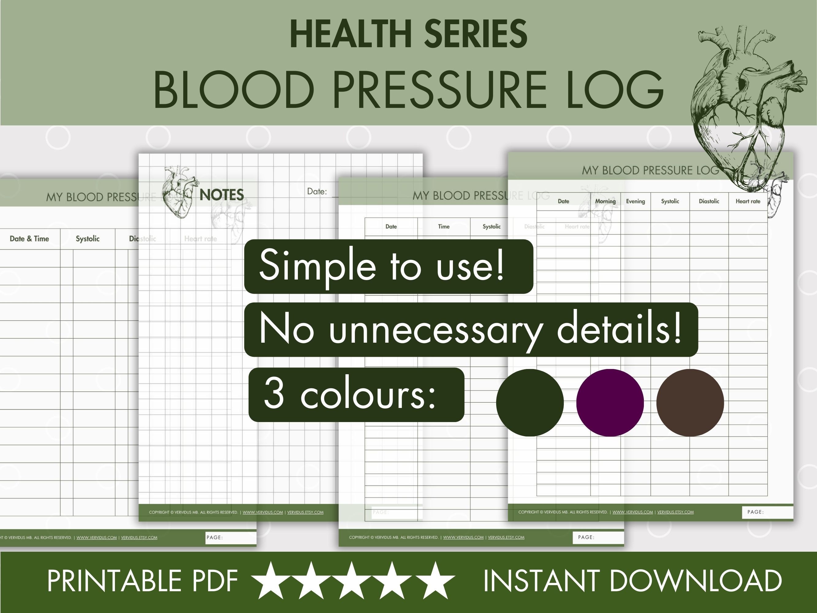 Blood Pressure Log, Heart Rate Tracker, Printable BP Sheet, High Blood ...