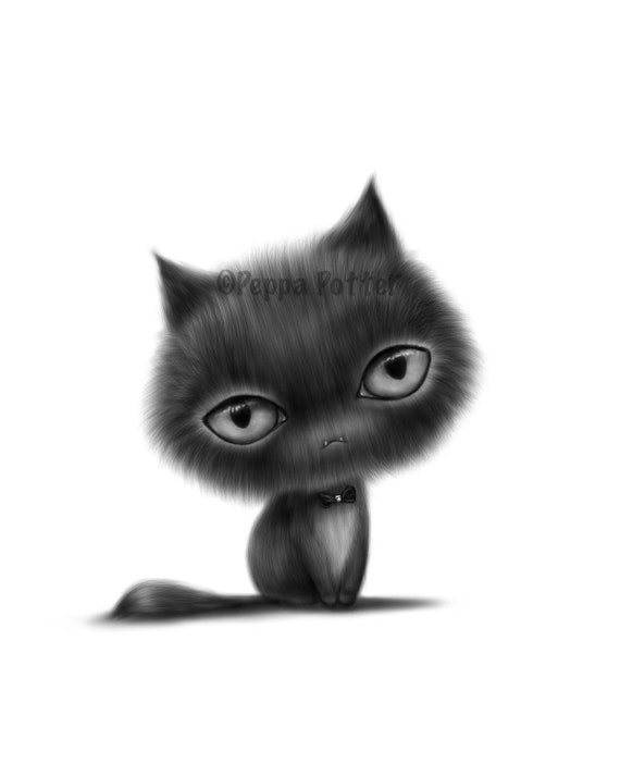 Velveta Black Cat Art Print Creepy Cute Cat Illustration | Etsy UK
