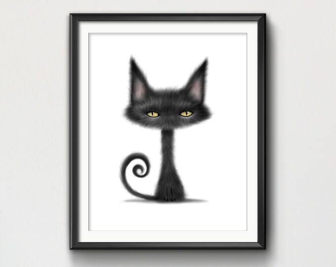 Tall Black Cat Art Print Black Cat Illustration Cat Wall Art Cat ...