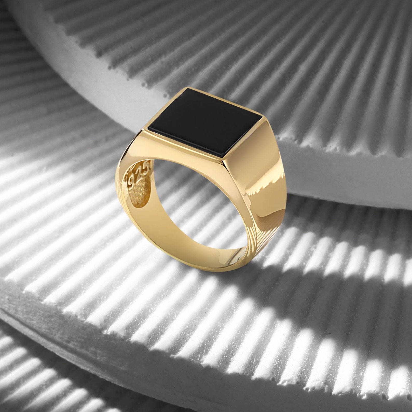 18K Gold Bonded Signet Ring | Custom Gemstone & Engraving | Onyx Zircon ...