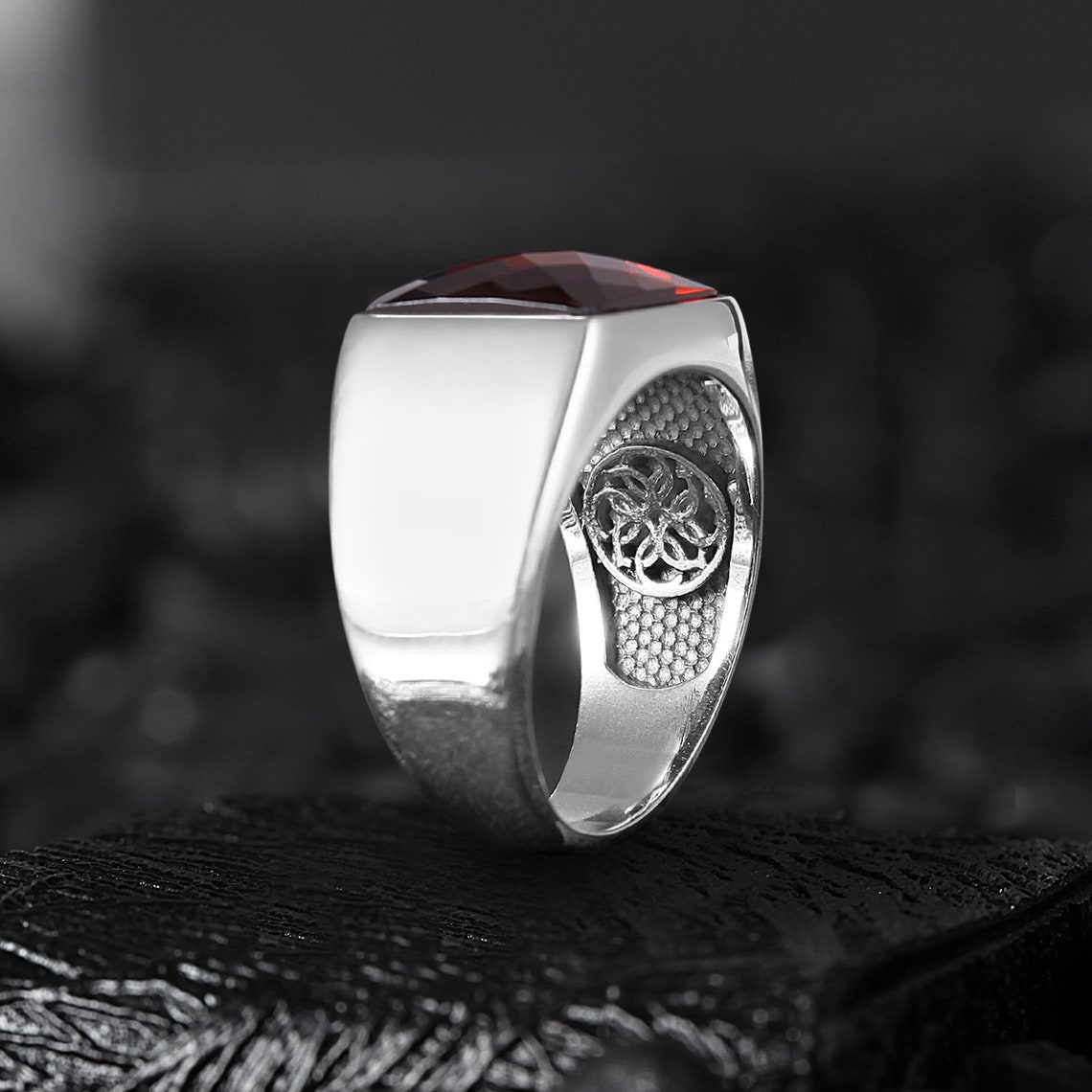 Red Zircon Modern Men Ring Square Ring Genuine Gemstone | Etsy
