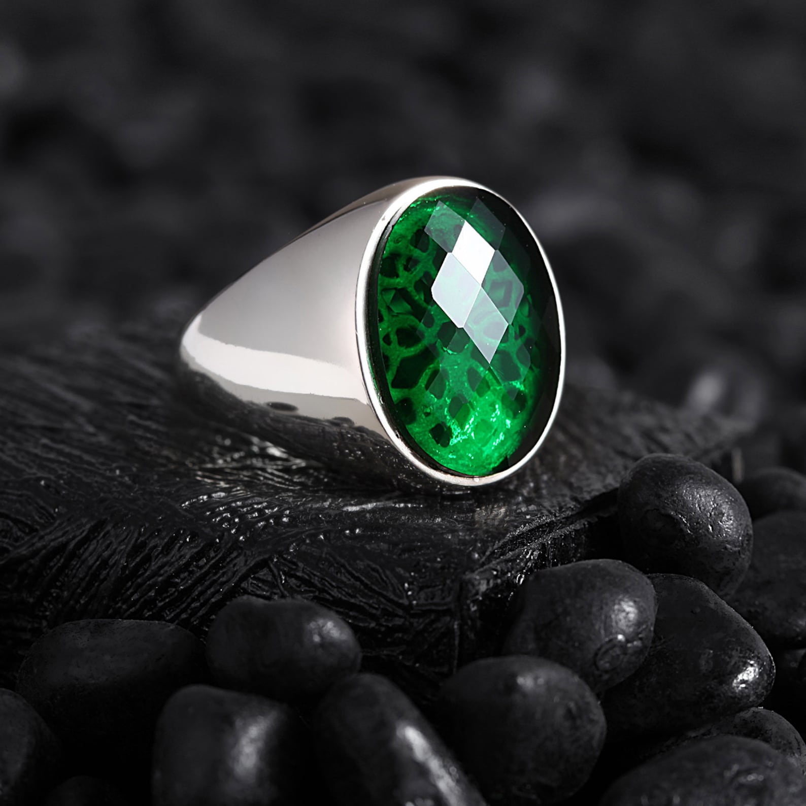 Green Agate Stone Minimal Ring in Silver Natural Gemstone Classic Men ...