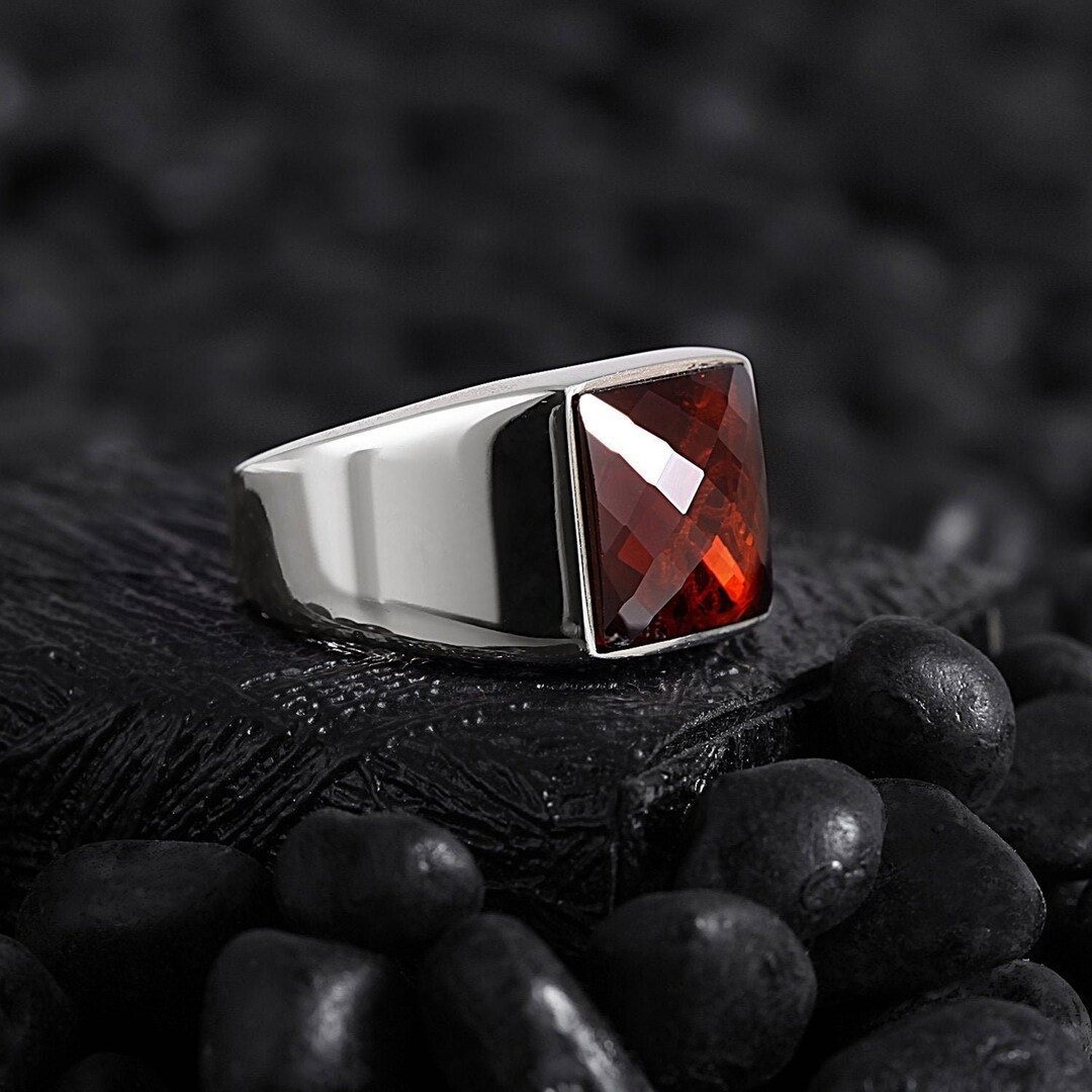 Red Zircon Modern Men Ring Square Ring Genuine Gemstone Accessories for ...