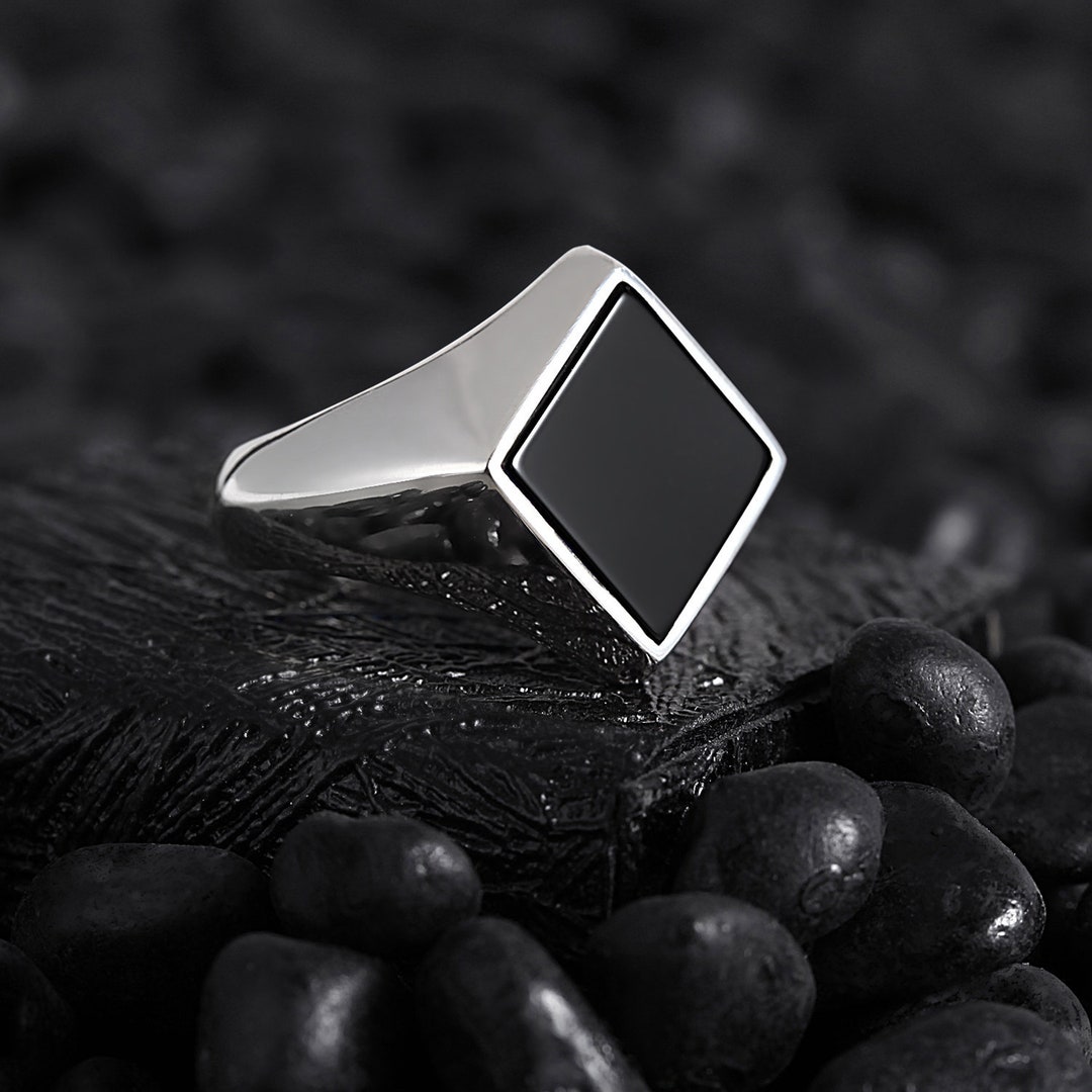 Minimalist Onyx Stone Silver Classic Ring Design Square Gemstone Men ...