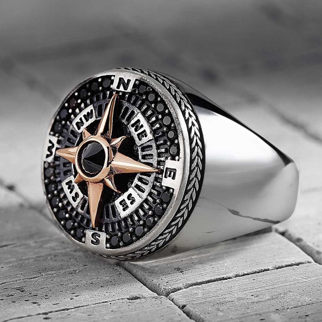 Men's North Star Black Zircon Signet Ring, Handmade Unique Design ...